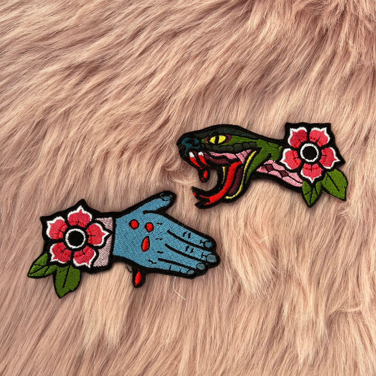 Snake Bite Tattoo Inspired Iron On Embroidery Patch – Pink Bird Originals